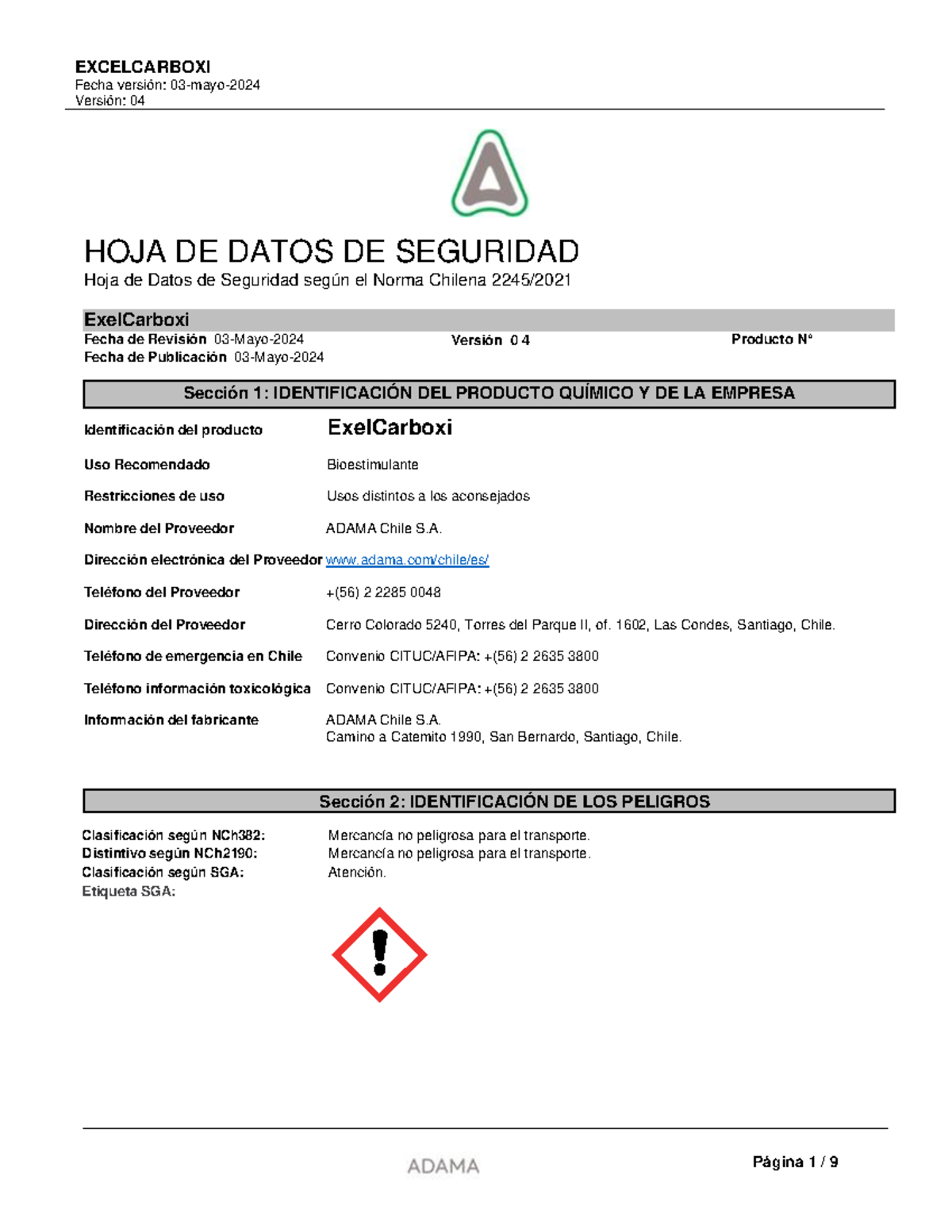 Hoja de Datos de Seguridad HDS Exelcarboxi NCh2245 Versión 04 - Studocu