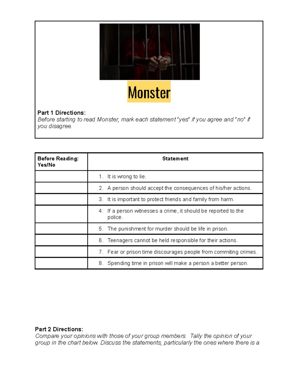 Copy of Tischler Monster Anticipation Guide - Monster Part 1 Directions ...