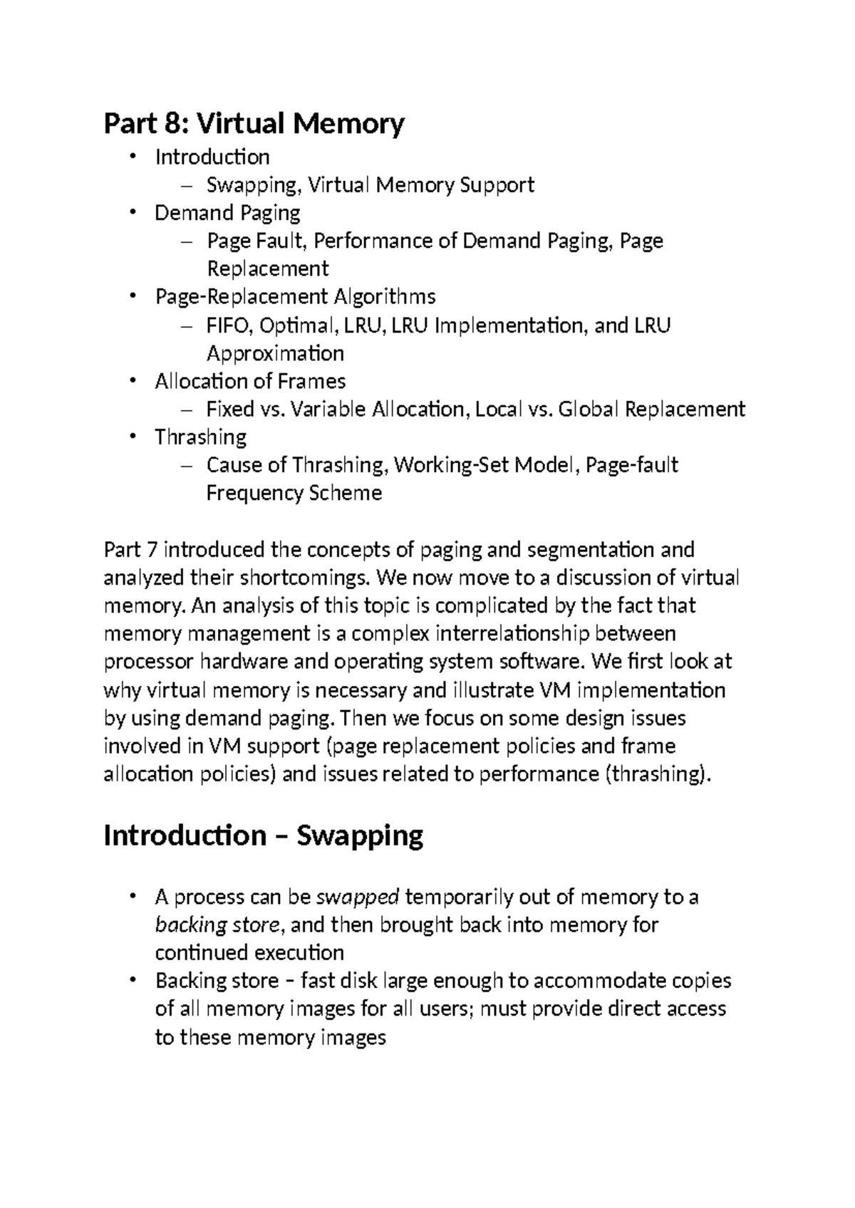 Lecture 8 Virtual Memory Part 8 Virtual Memory Introduction Swapping Virtual Memory Support
