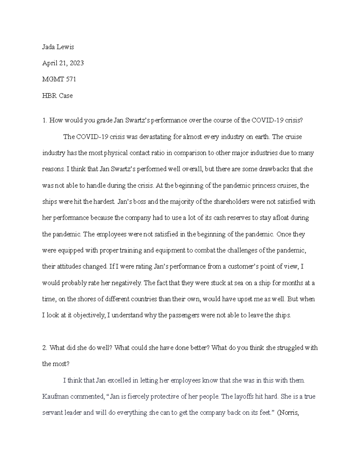 MGMT 571 HBR Case Study: Jan Swartz's Leadership During COVID-19 - Studocu