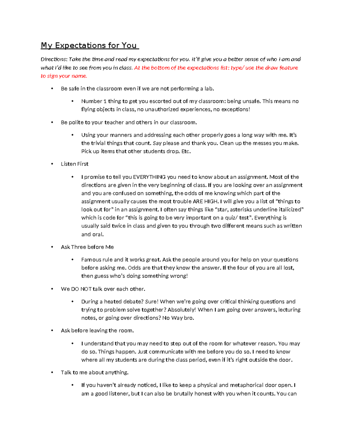 Class Expectations: Guidelines for Success in Our Classroom - Studocu