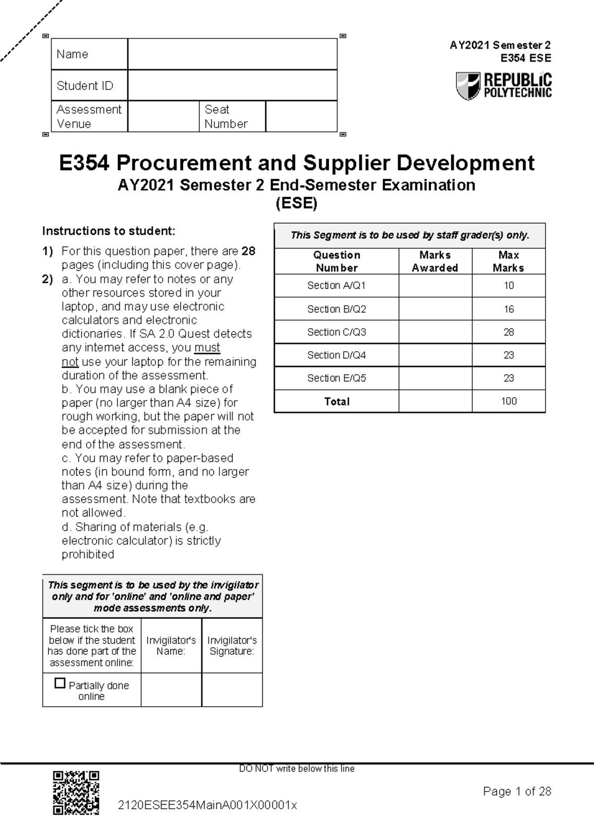 AY2021 Sem 2 E354 ESE - Procurement & Supplier Development Exam - Studocu