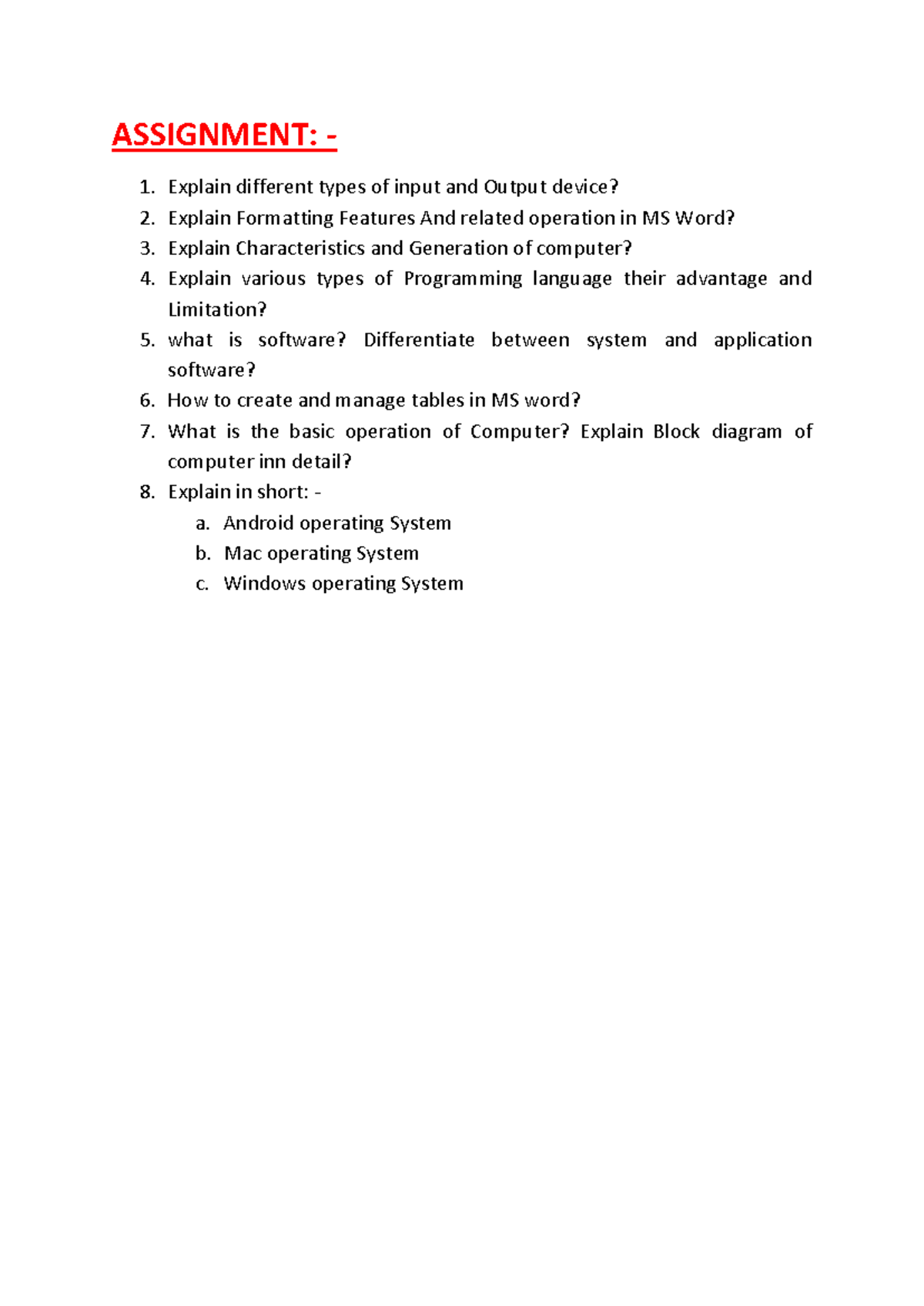 Assigment cf - COMPUTER - ASSIGNMENT: - Explain different types of ...