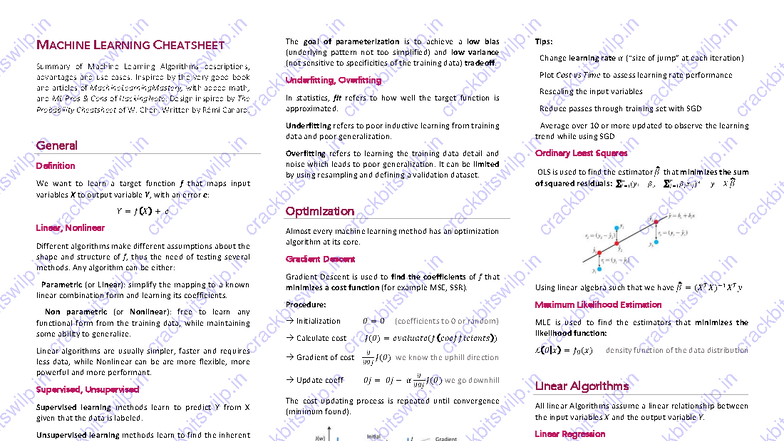 Machine Learning Cheatsheet - WM: Key Concepts and Algorithms - Studocu