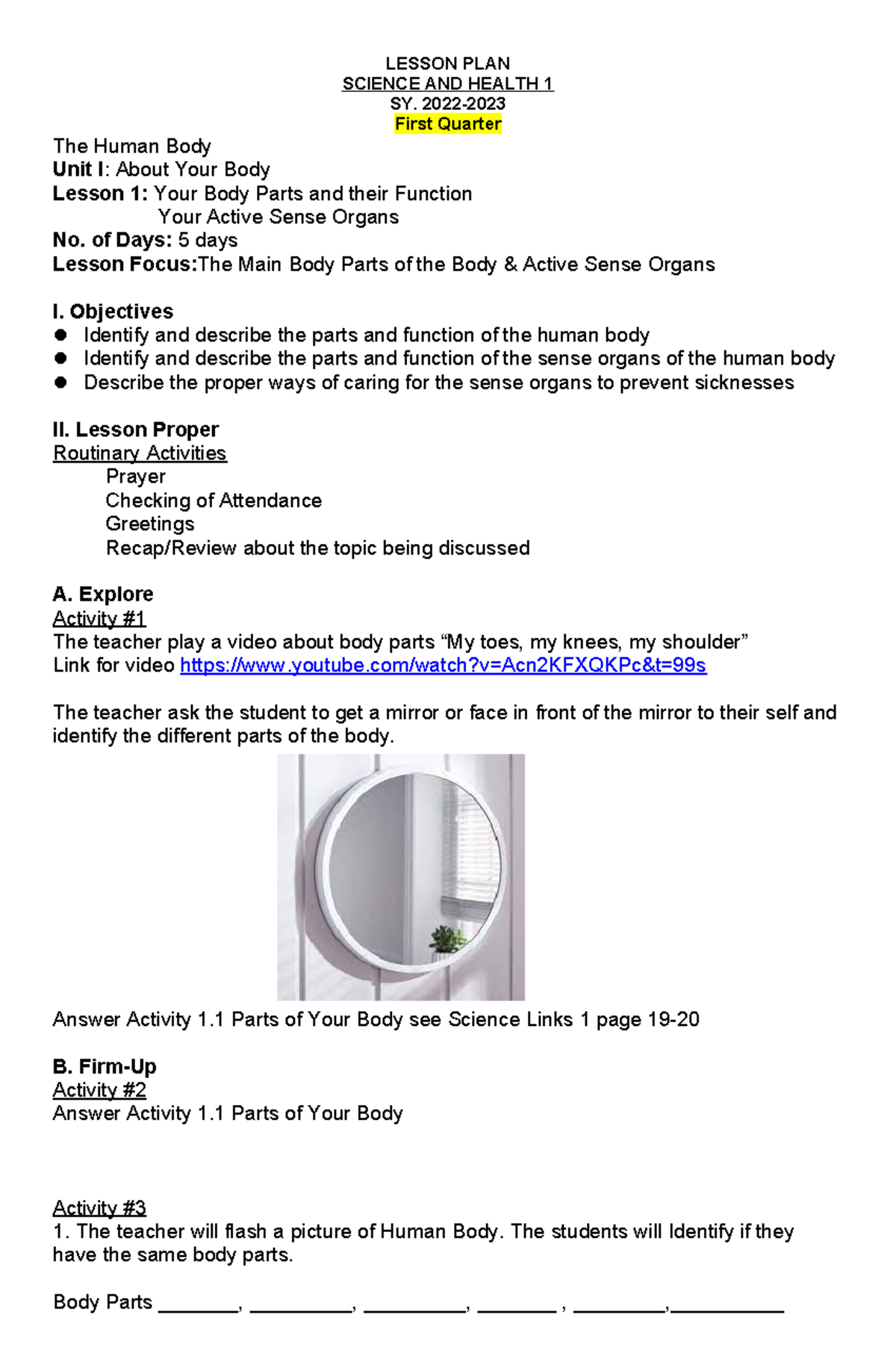 LP- Science AND Health 1: Lesson Plan on Human Body Parts & Senses ...