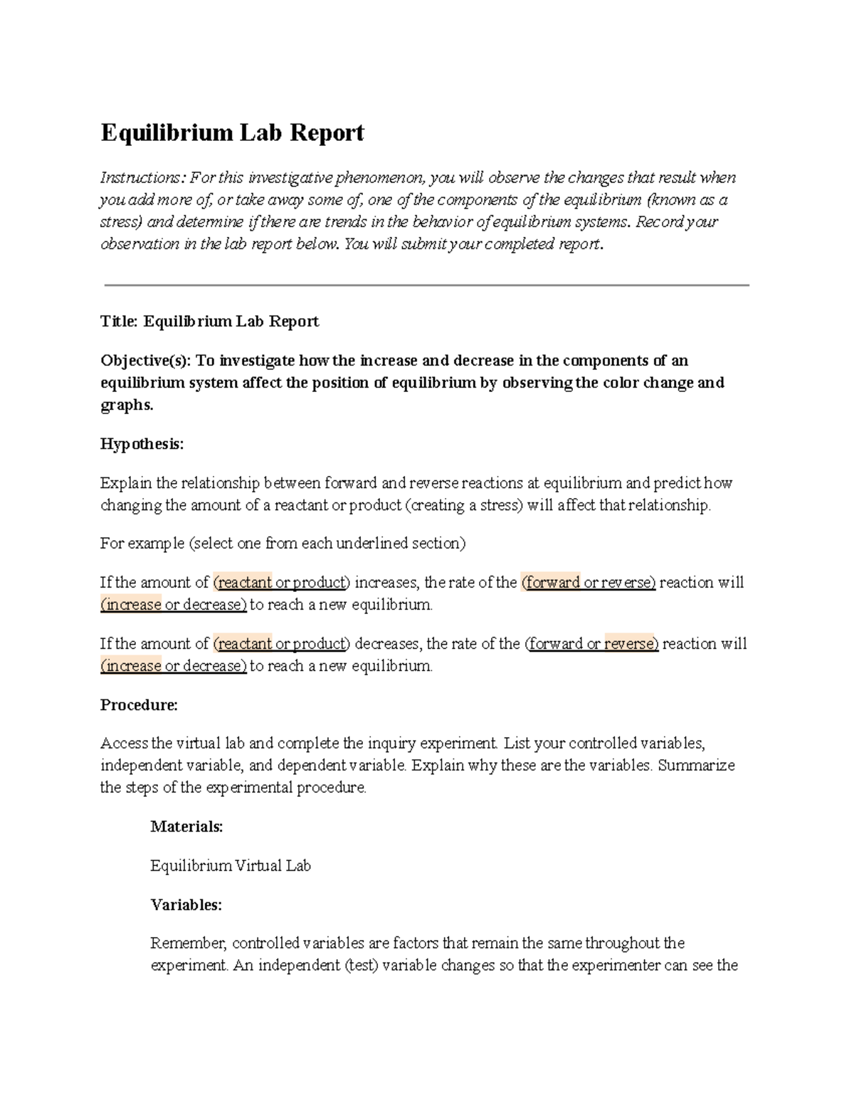 7.06 Equilibrium Lab Report: Investigating Stress Effects on Systems ...