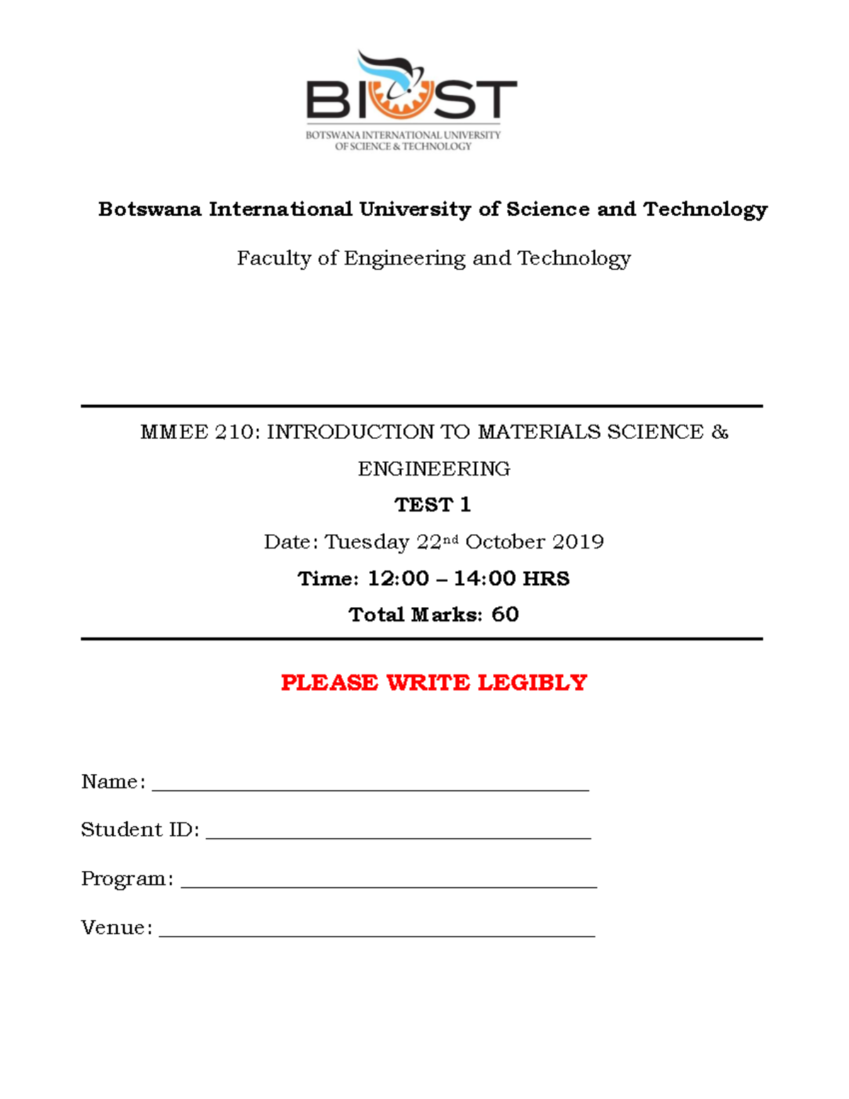 MMEE 210 Test 1: Final Exam on Materials Science - 2019 - Studocu