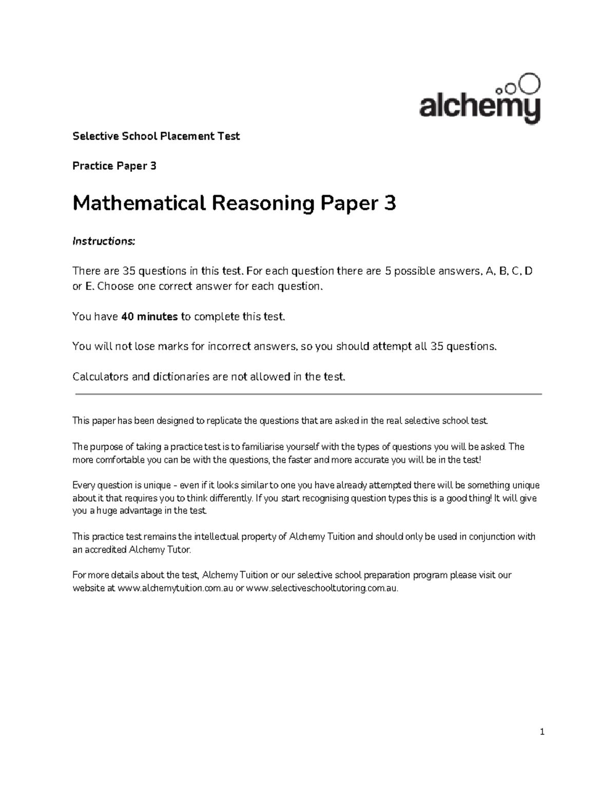 Mathematical Reasoning Practice Test Paper 3 for Selective School ...