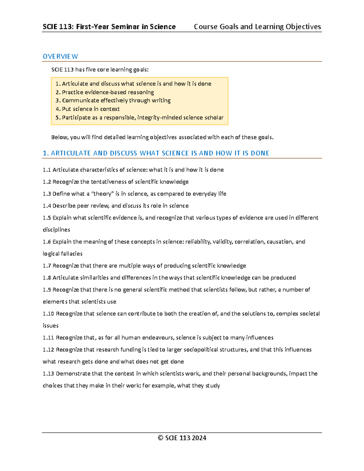 SCIE 113: Learning Goals & Objectives for First-Year Science 2024W1 ...