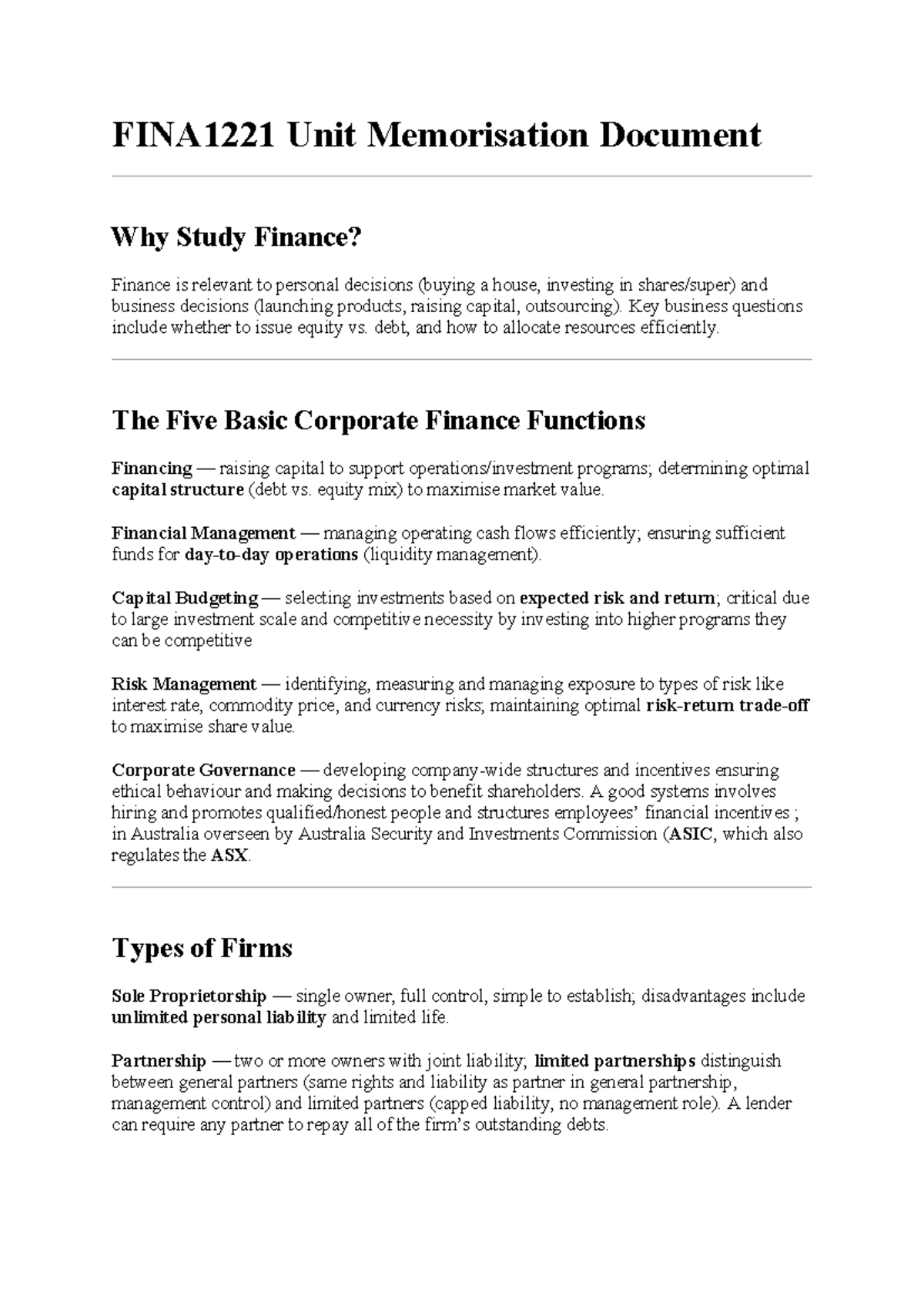 FINA1221 Comprehensive Summary of Finance Concepts and Principles - Studocu