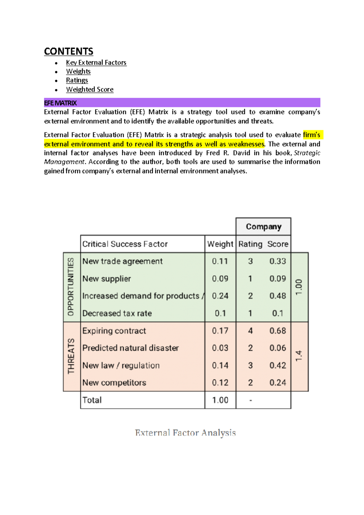 EFE Matrix: Analyzing External Factors for Strategic Management - Studocu
