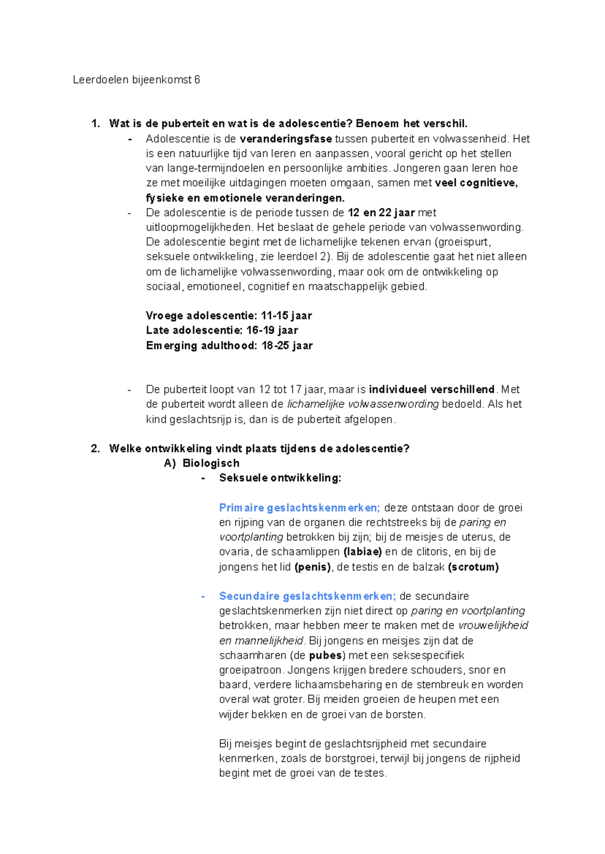 Leerdoelen Bijeenkomst 6: Ontwikkeling van de Puberteit en Adolescentie ...