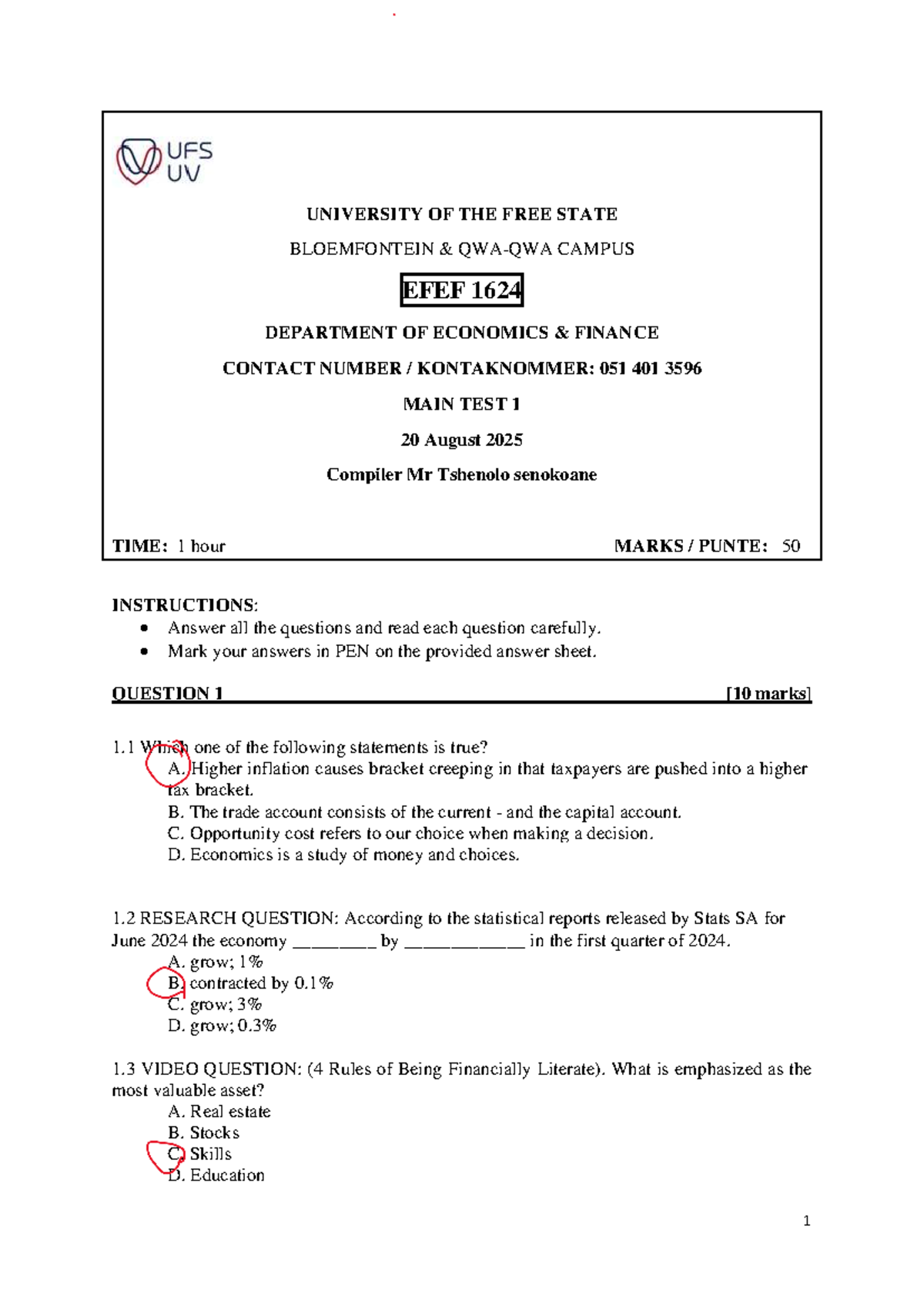 UFS EFEF 1624 Personal Finance Test 1 Study Guide - Studocu