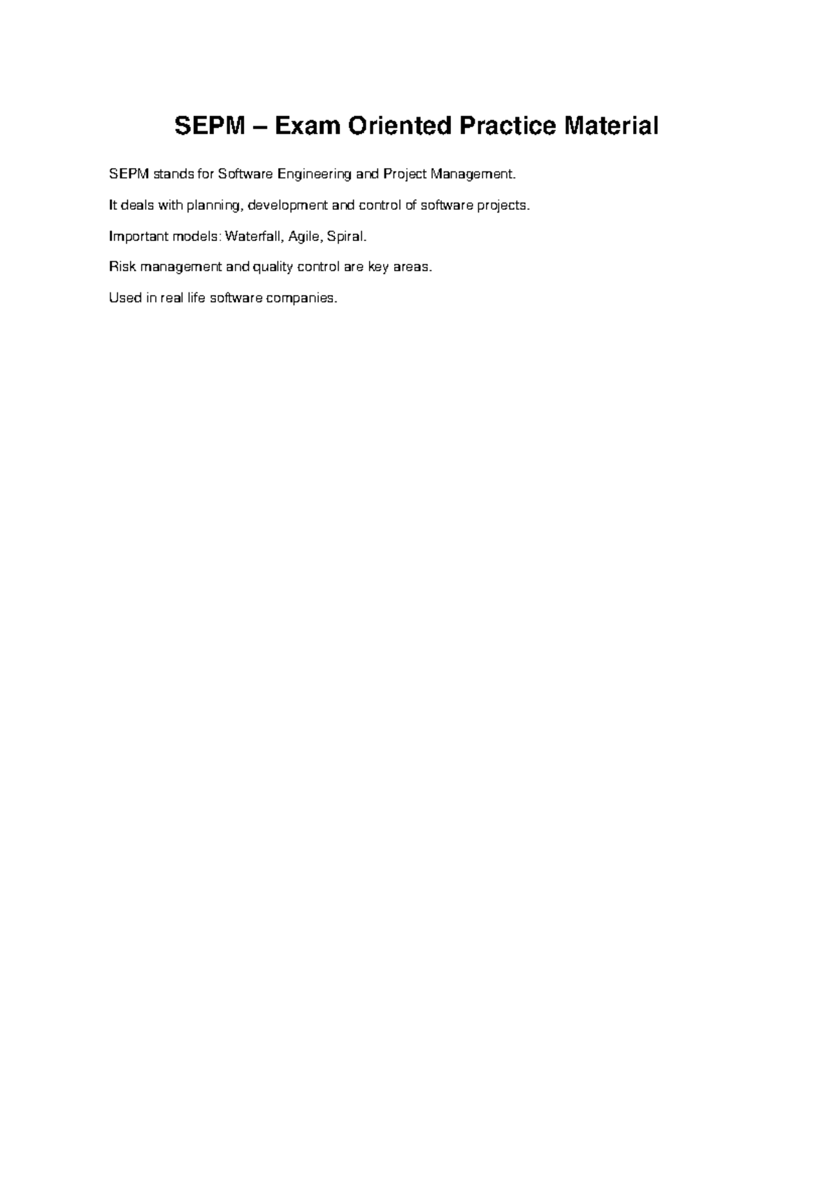 SEPM Practice - just a summary..| - MCA - SEPM – Exam Oriented Practice ...