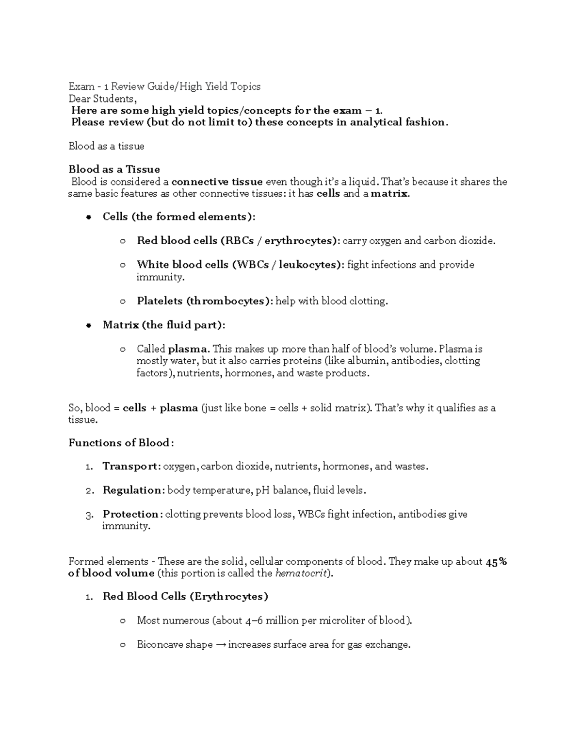 Exam 1 Review: High Yield Topics on Blood and Hematology - Studocu