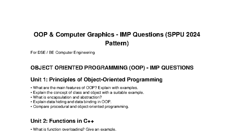 SPPU OOP & CG Important Questions for 2024 Exam - Studocu