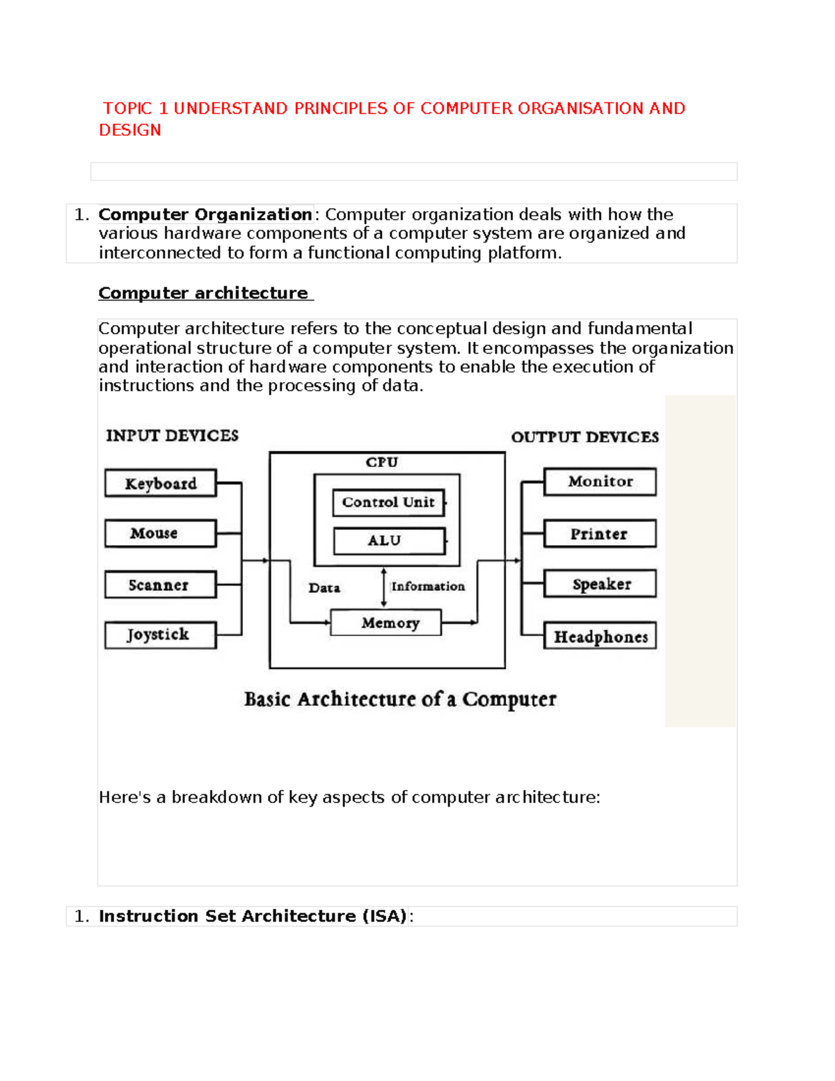 Topic 1: Principles of Computer Organization and Architecture (COMP 101) - Studocu