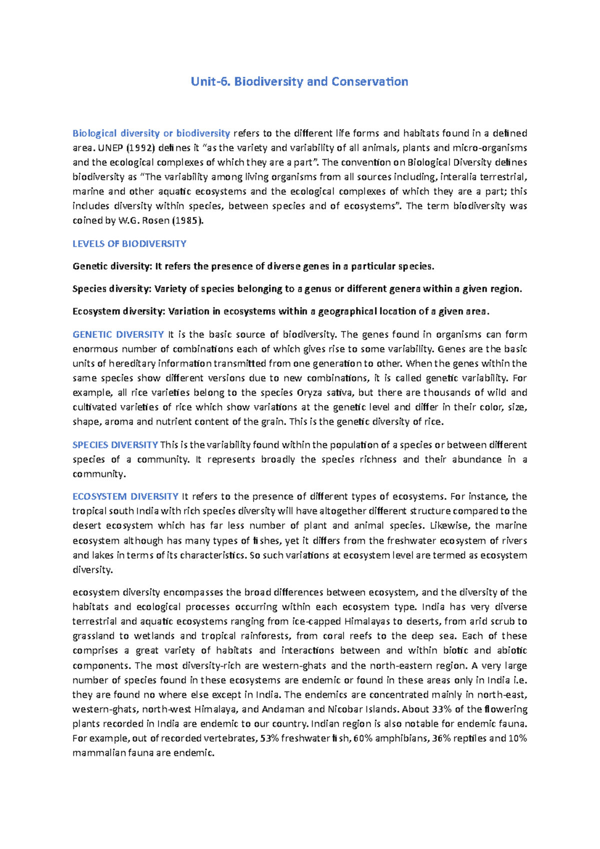 Unit-6: Biodiversity Conservation and Its Importance - Studocu