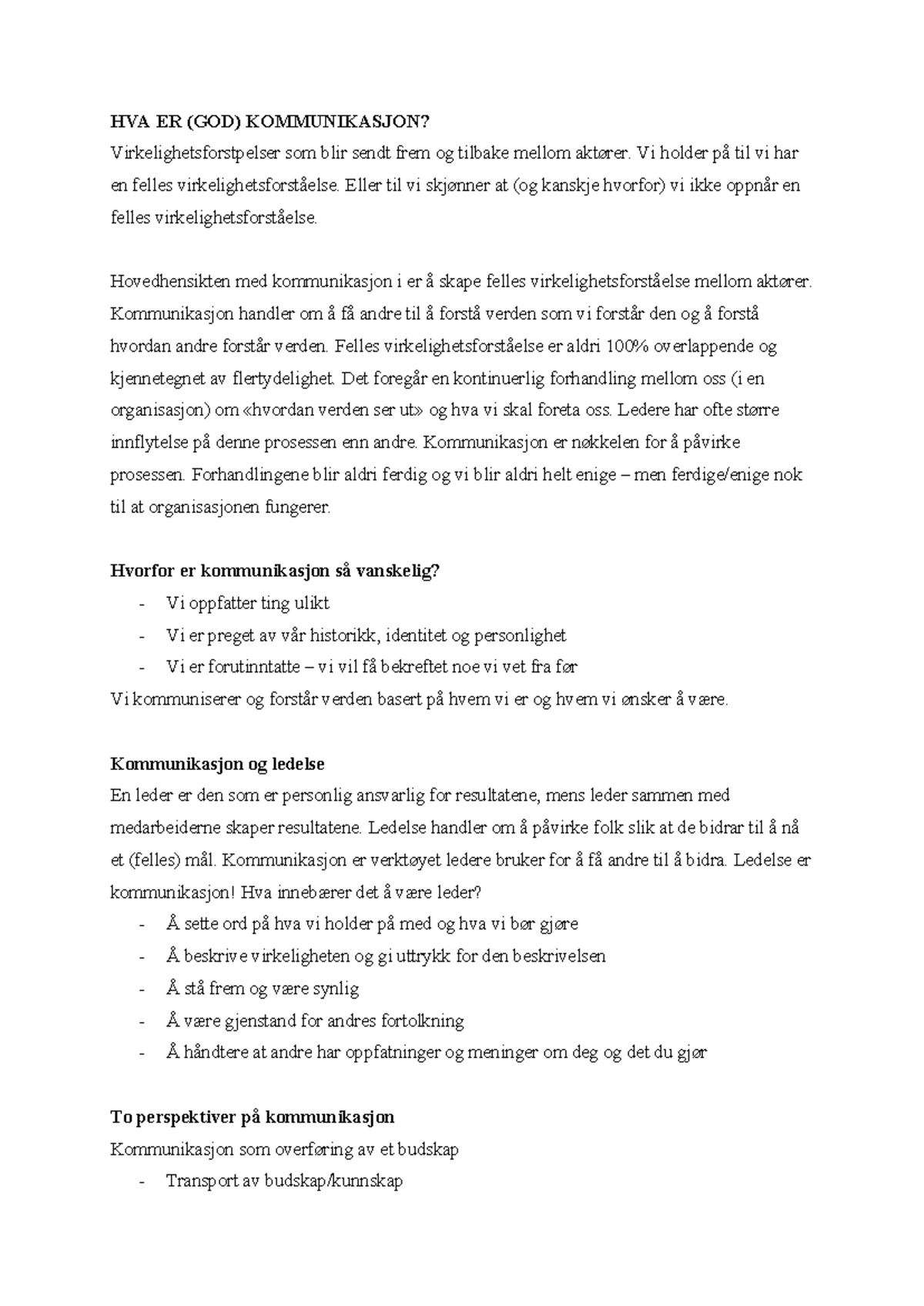 KOMMUNIKASJONENS ROLLE I LEDERSKAP OG ORGANISASJONER (KOMM 101) - Studocu