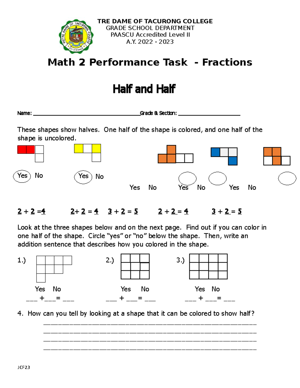 Grade 3 Math Performance Task: Understanding Fractions (Half and Half ...