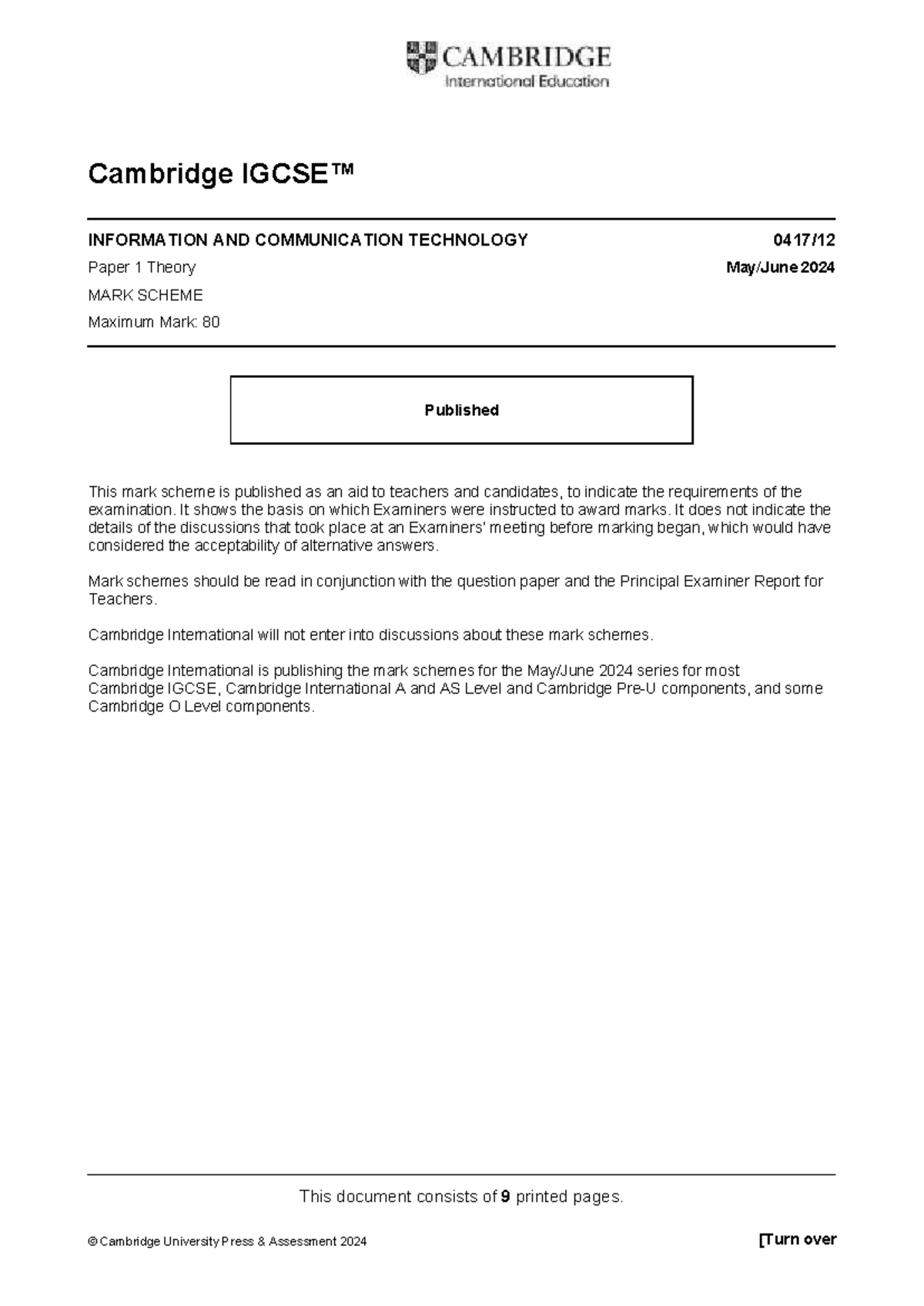 Cambridge IGCSE ICT 0417 Paper 1 Theory 2024 Mark Scheme - Studocu