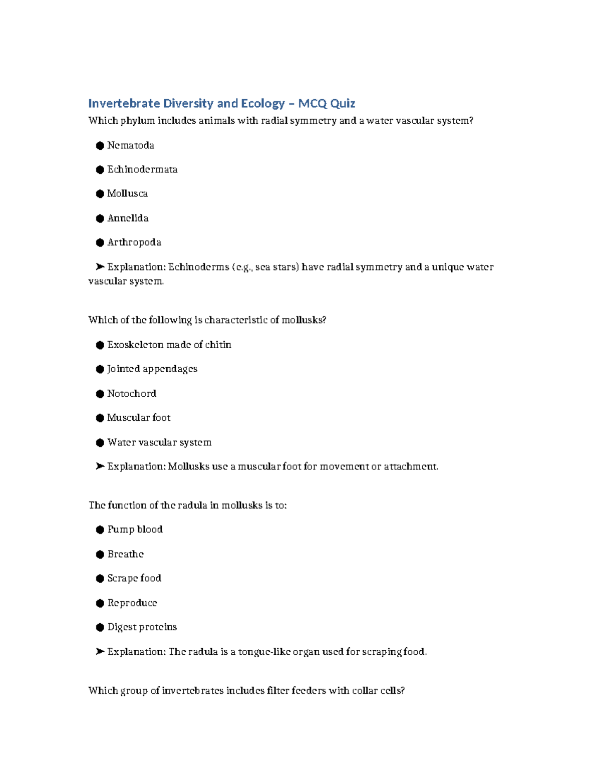 Invertebrate Diversity and Ecology MCQ Quiz Revision Notes - Studocu