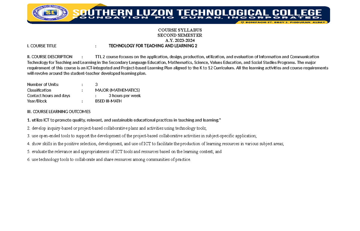 Syllabus for TTL 2: Technology in Teaching & Learning (BSED III-MATH ...