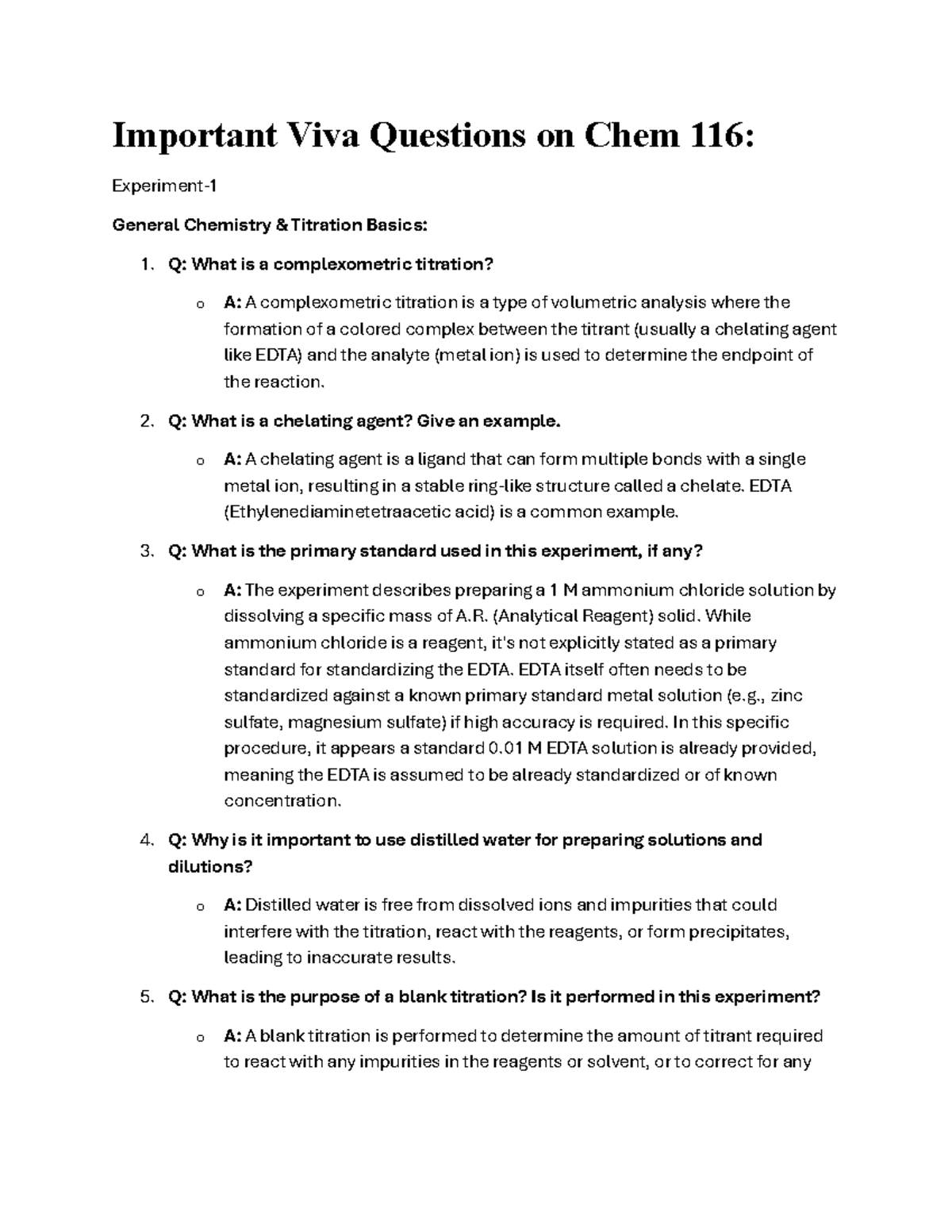 Important Viva Questions on Chem 116: General Chemistry Titration ...