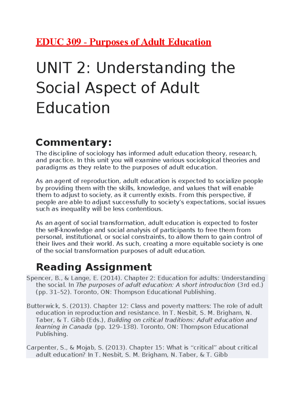 EDUC 309 Unit 2: Social Aspects of Adult Education Analysis - Studocu