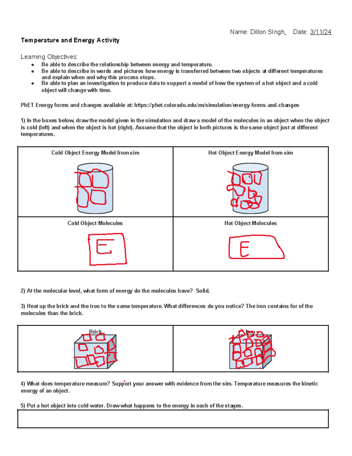 Temperature and Energy Activity Handout - Student Learning Objectives ...