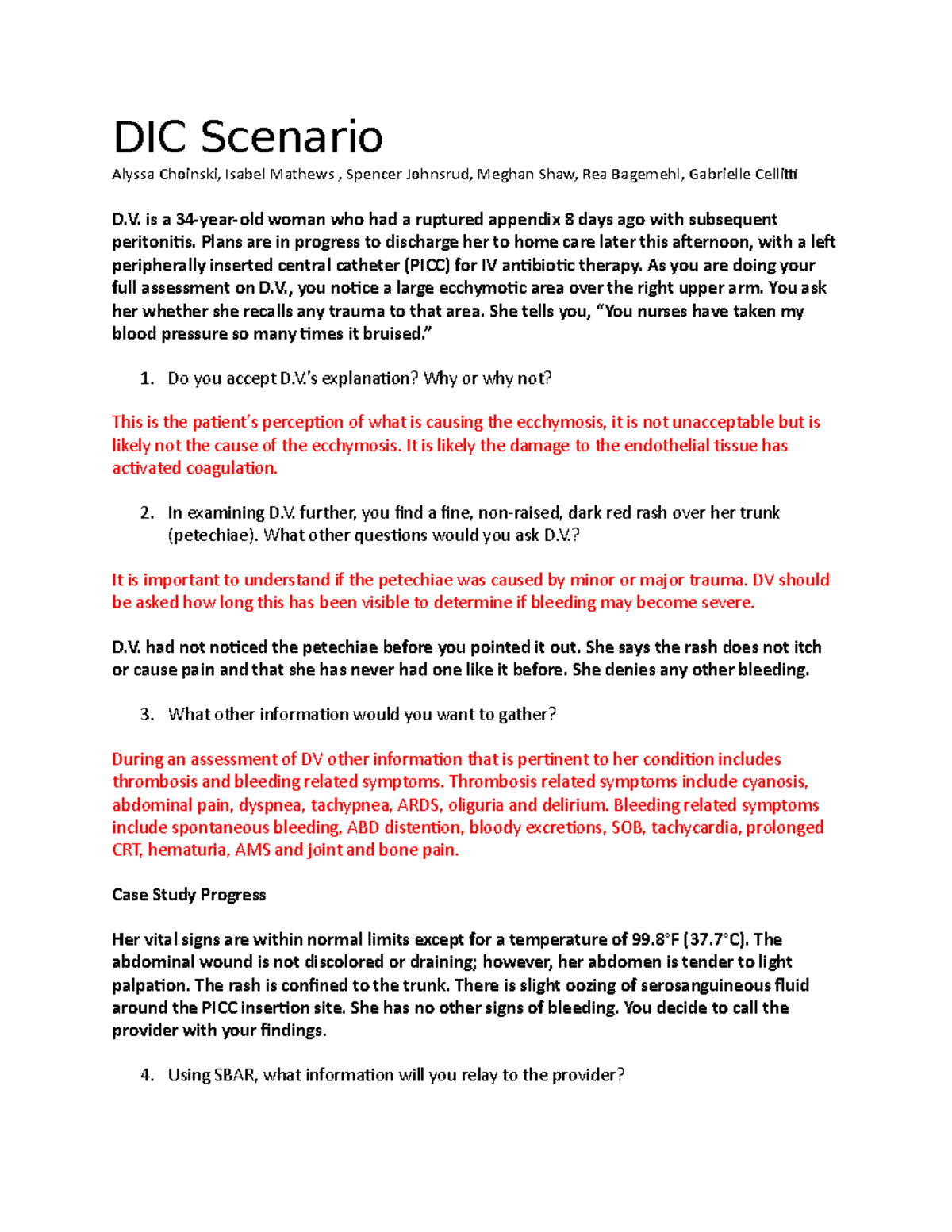 DIC Case Study Scenario - Assessment and Nursing Interventions - Studocu