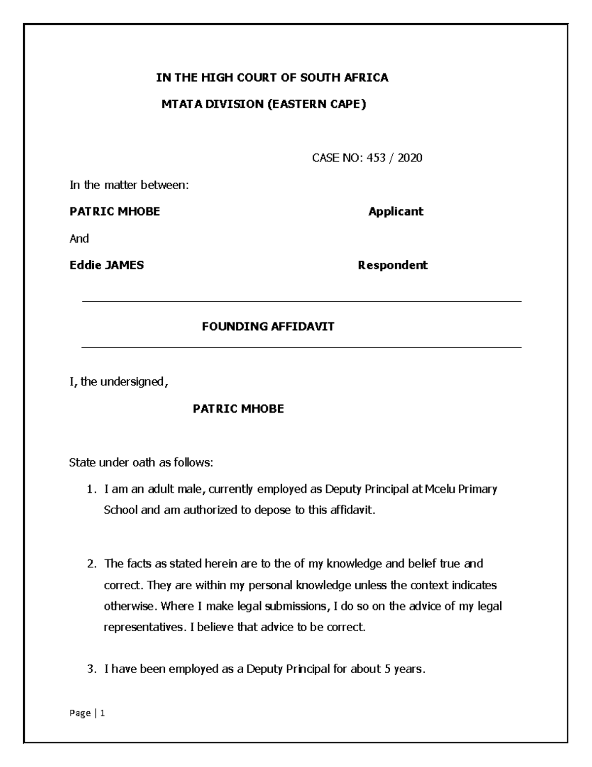 Affidavit of Patric Mhobe in Case No. 453/2020 - High Court - Studocu
