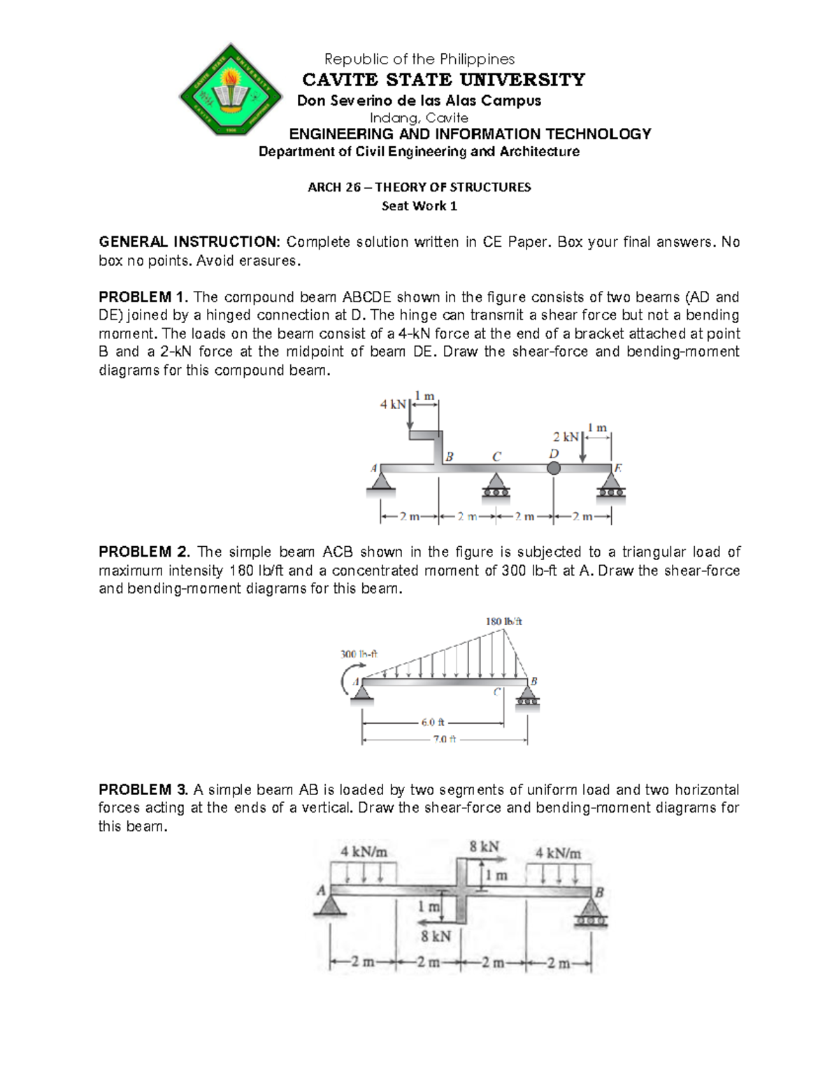 SW-1 - Seat Work on Theories of Structures and Beam Diagrams - Studocu