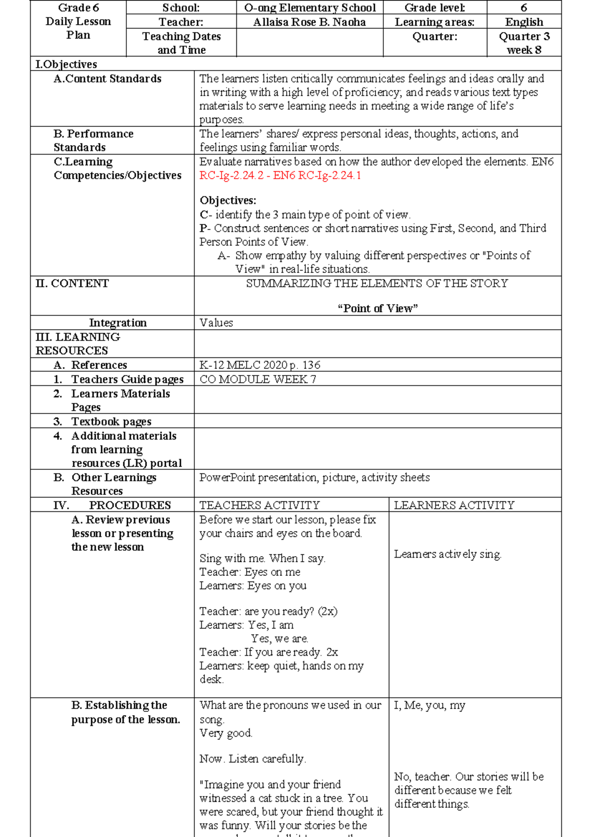 Grade 6 EN6 Daily Lesson Plan: Understanding Point of View - Studocu