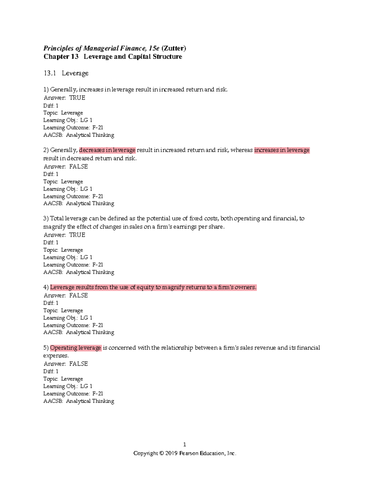 Principles of Managerial Finance (FIN 301) Chapter 13: Leverage ...