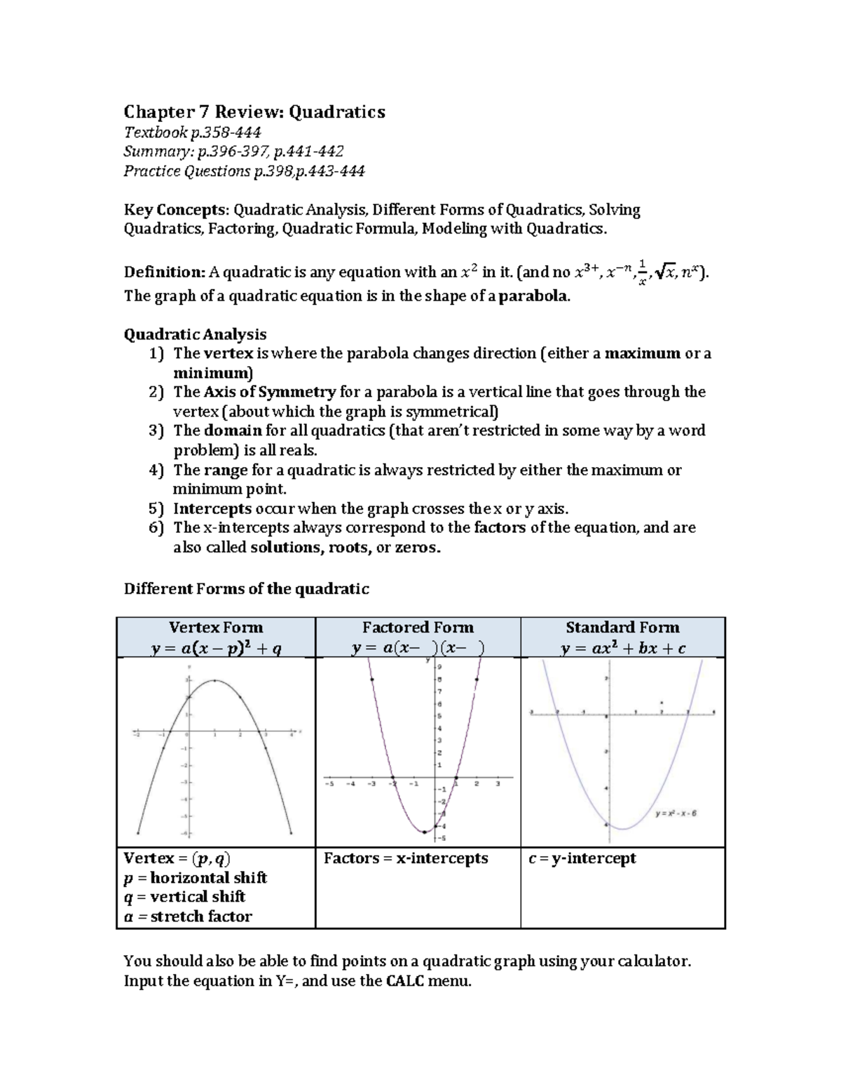 Chapter 7 Review: Quadratics - Math 11 Summary & Practice Questions ...