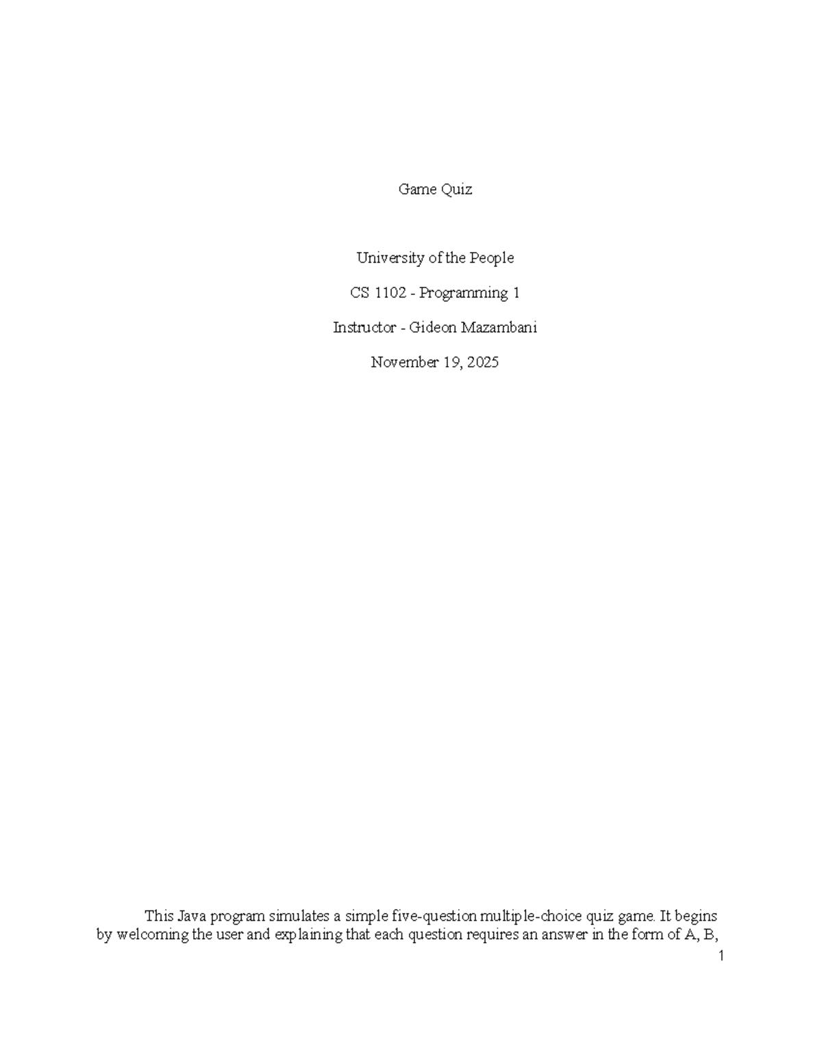 CS 1102 Quiz Game Simulation: Java Programming Assignment - Studocu