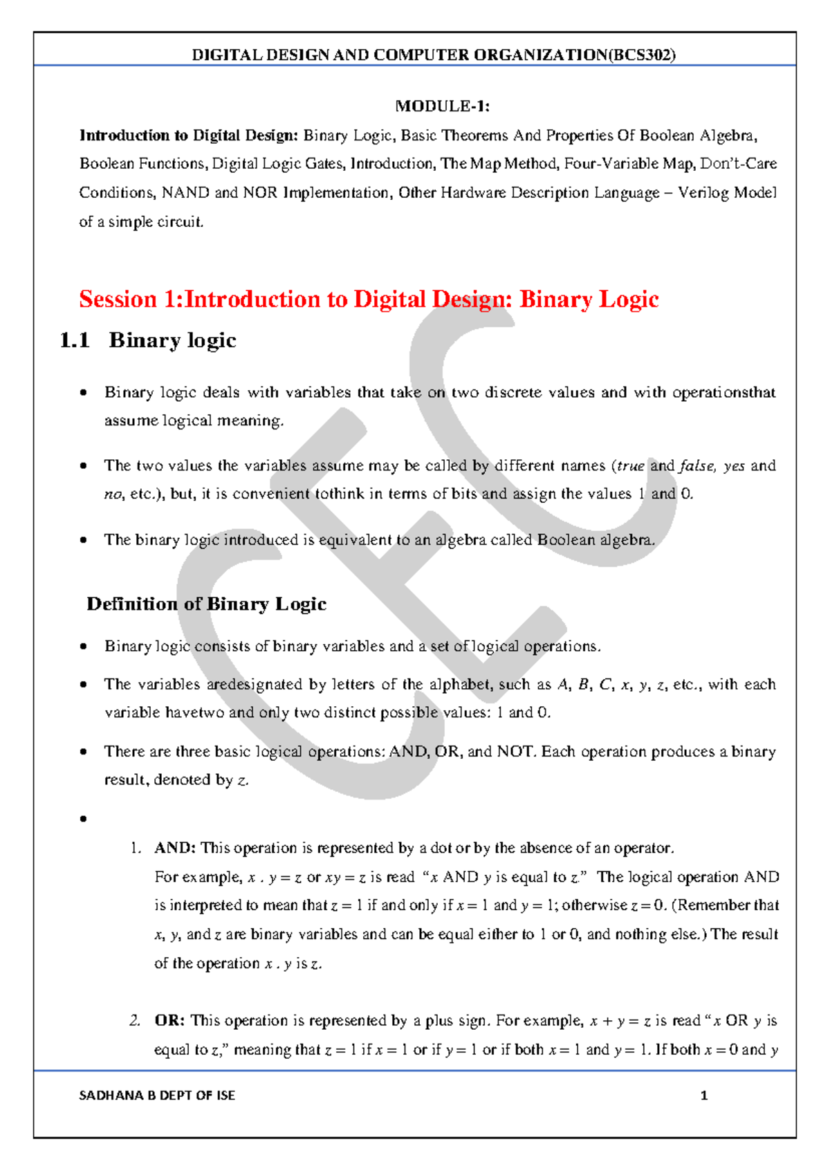 Digital Design and Computer Organization (BCS302) - Module 1 Question ...