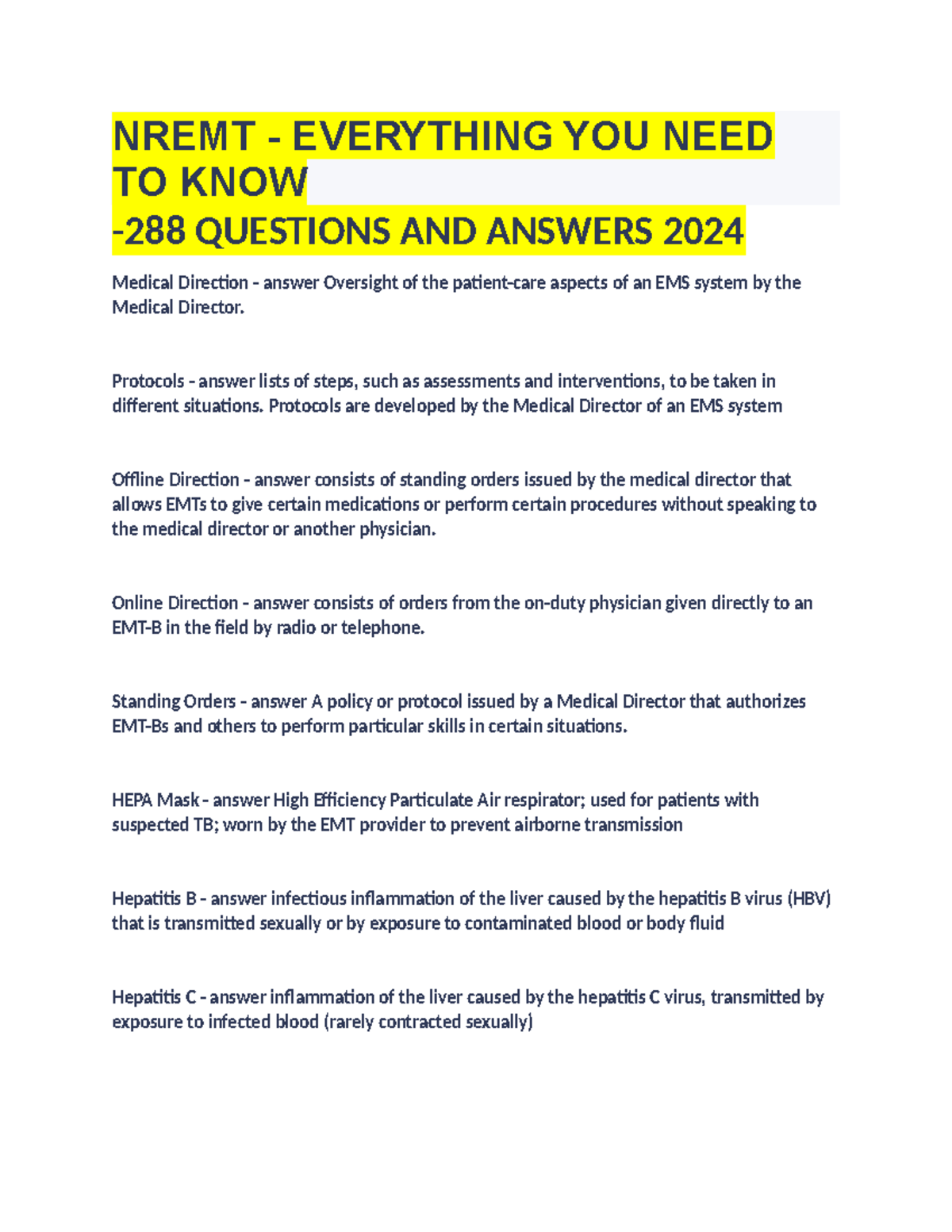 NREMT - Comprehensive Study Guide with 288 Q&A for 2024 - Studocu
