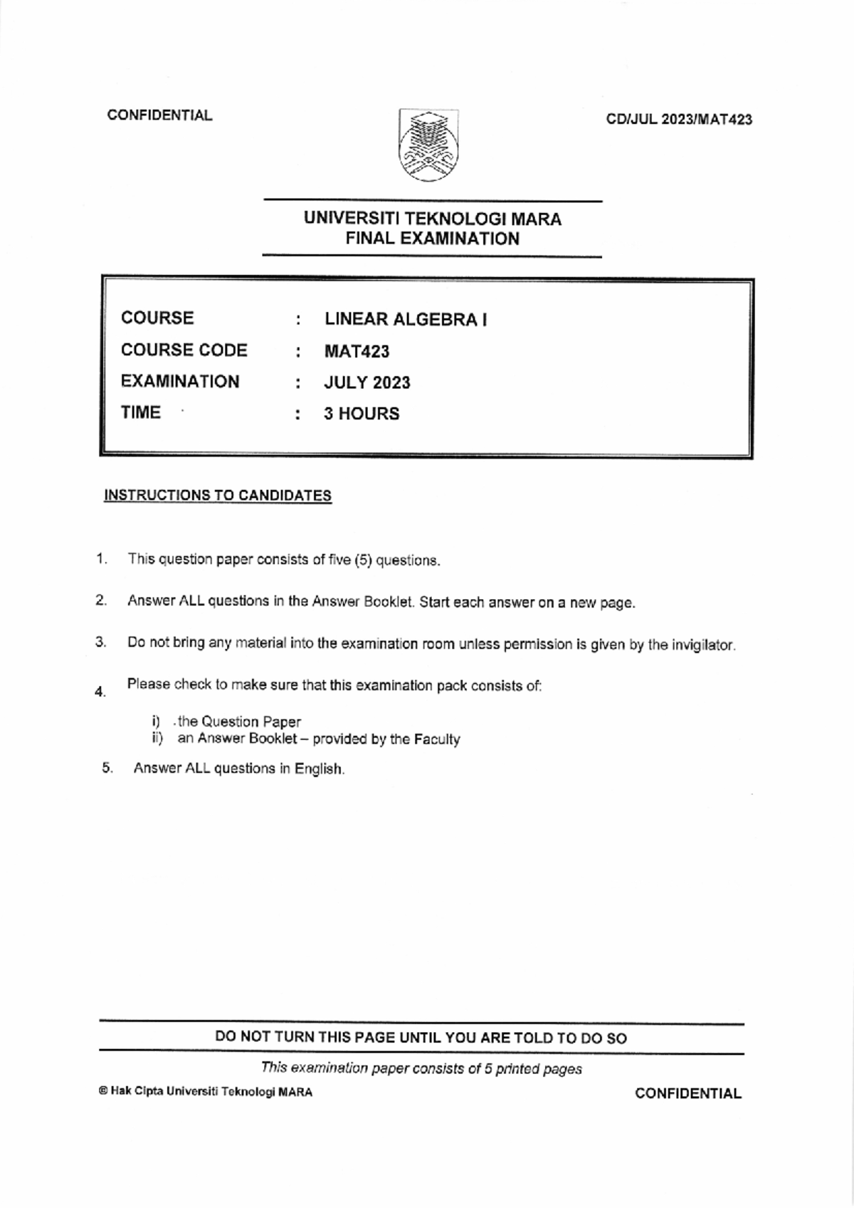 Past Sem MAT423 Final Exam Paper - Linear Algebra I (July 2023) - Studocu