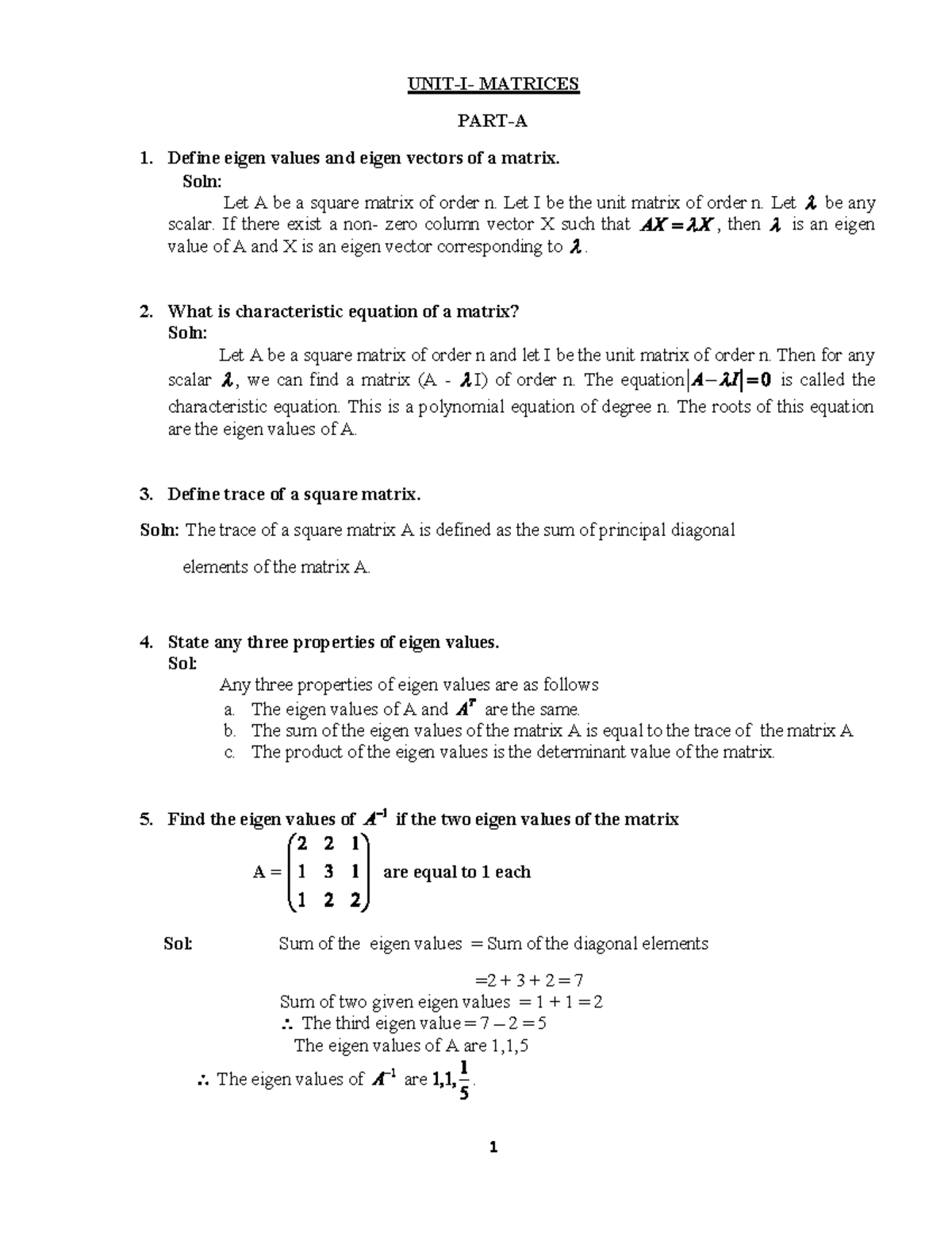 Calculus & Algebra Unit 1: Matrices, Eigenvalues, & Eigenvectors Notes ...