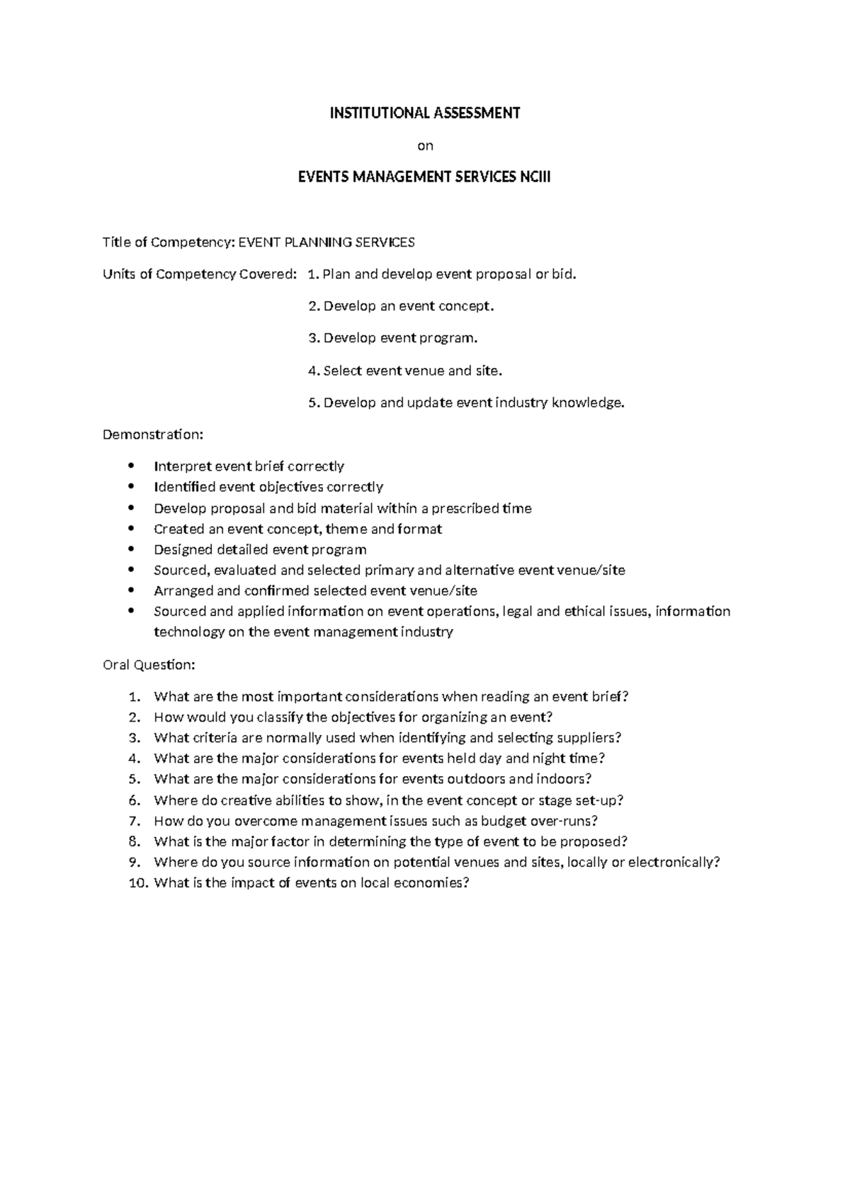 Assessment of Events Management Services NCIII: Competency Overview ...
