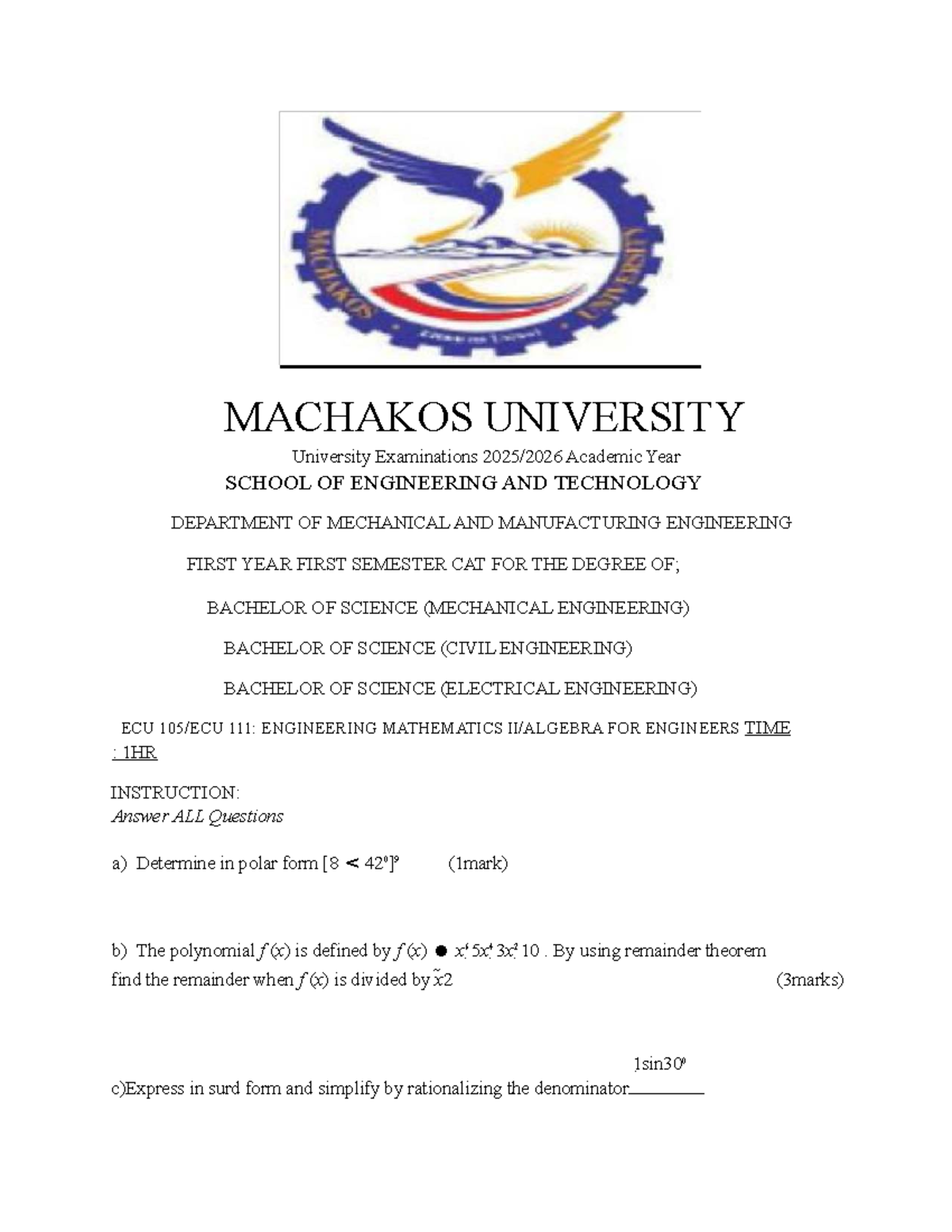CAT for Engineering Geometry - MACHAKOS UNIVERSITY - Studocu
