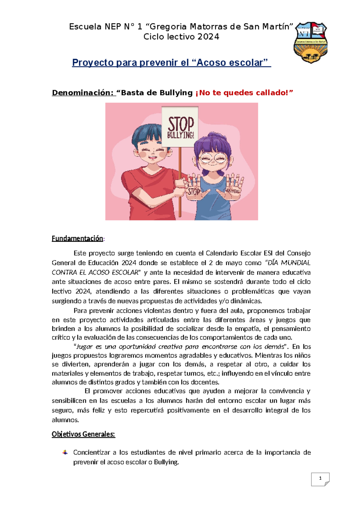 Proyecto Bullyng 2024 Listo - 1 Escuela NEP N° 1 “Gregoria Matorras de ...