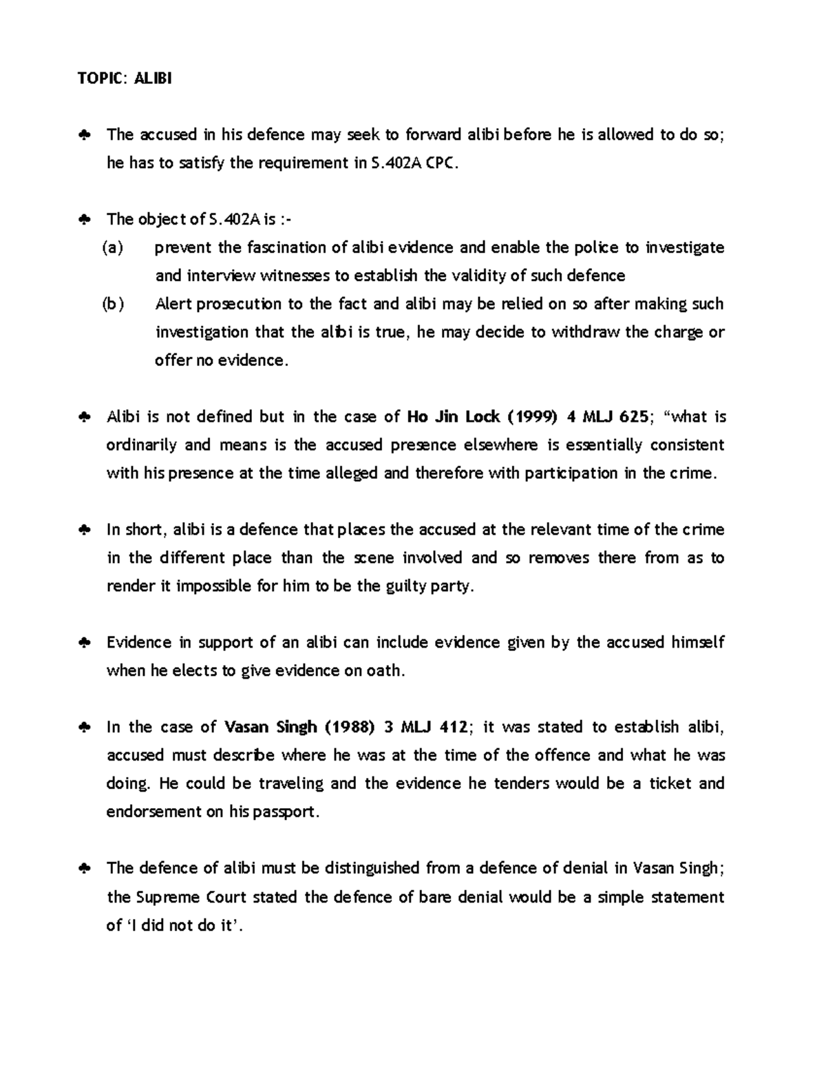 Alibi Notes for Criminal Procedure (CPC 402A) - Key Points and Cases ...