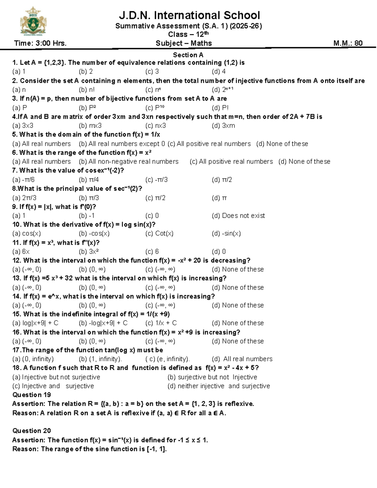 12th Maths S.A. 1 - Summative Assessment Practice Paper - Studocu