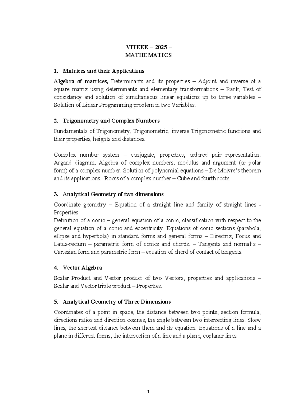 VITEEE 2025 Maths - Key Topics & Important Concepts - Studocu