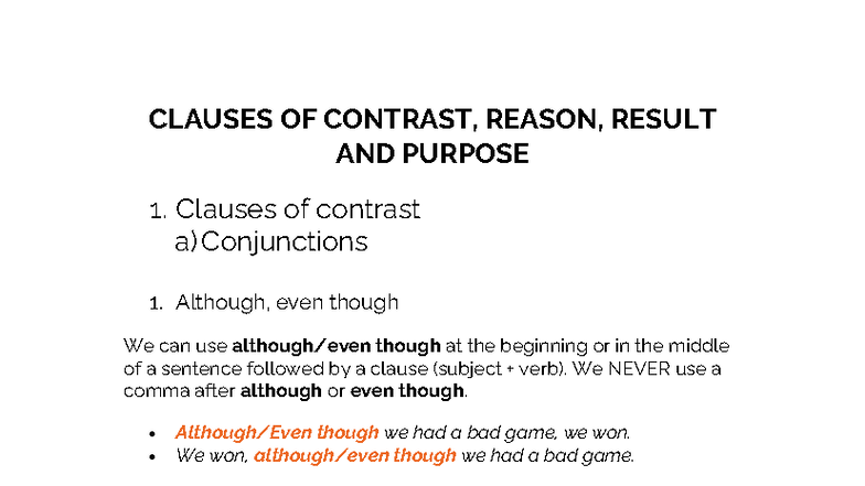 Grammar - Clauses of Contrast, Reason, Result & Purpose Guide - Studocu