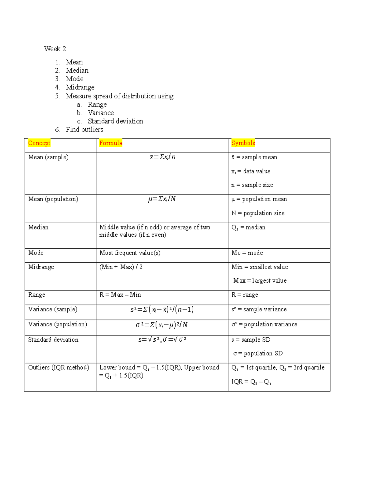Week 2-6: Key Formulas & Concepts in Statistics (Stat 101) - Studocu