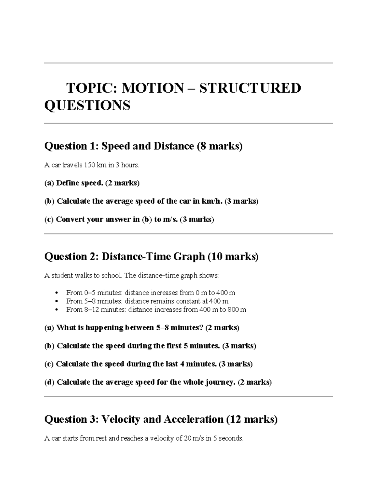 Motion Structured Questions - Velocity & Acceleration (Course Code ...